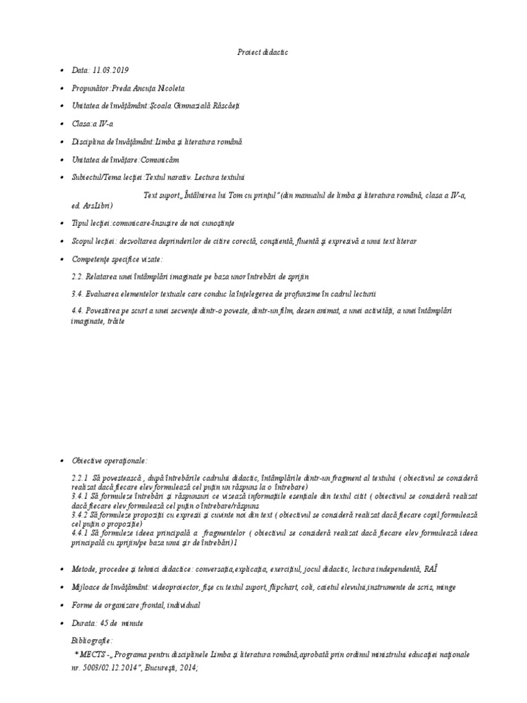 Proiect Didactic Limba Si Lit - Romana | PDF