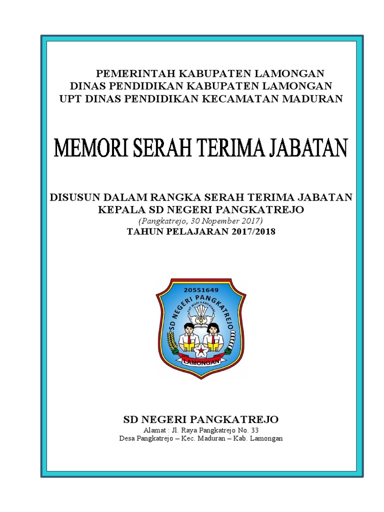 Memori Sertijab Kepsek 2017 SD NEGERI PANGKATREJO | PDF