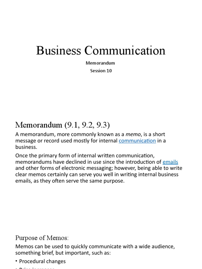 Business Communication: Memorandum Session 10 | PDF | Memorandum ...