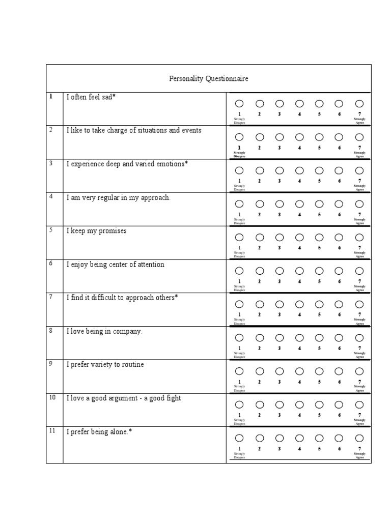 Personality Questionnaire | PDF | Psychology | Psychological Concepts