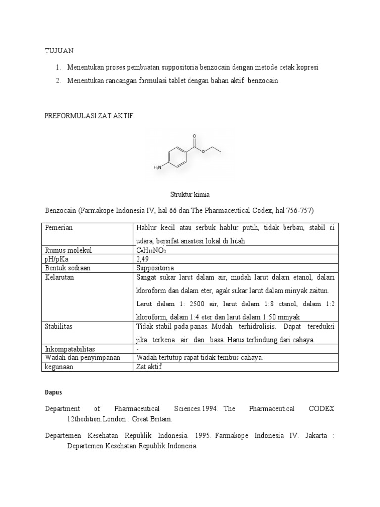 Tujuan Dan Preformulasi Zat Aktif Benzocain | PDF