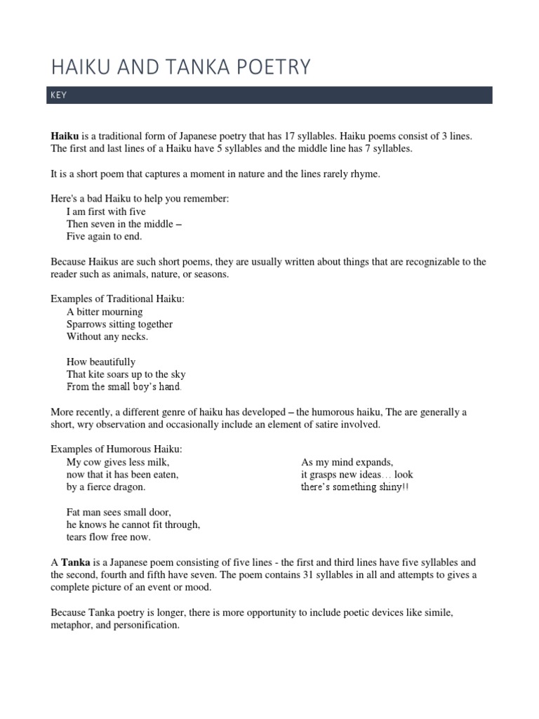Haiku and Tanka Assignment | PDF