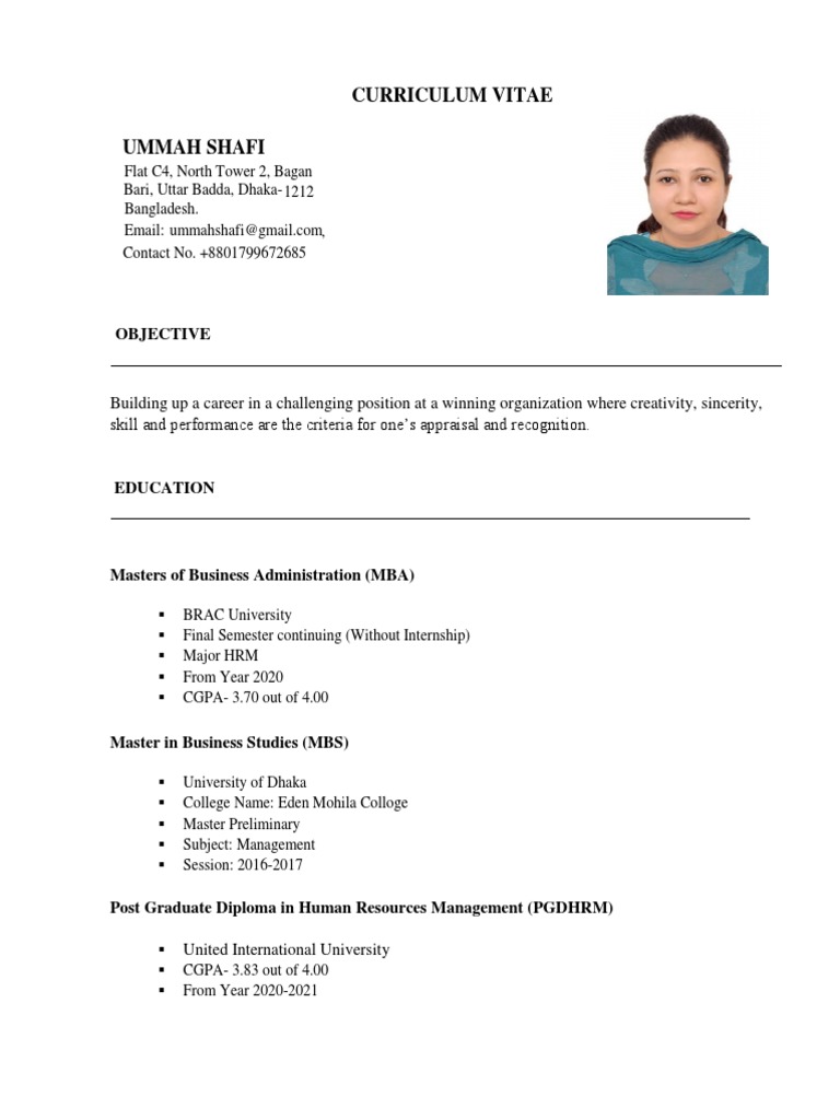 Curriculum Vitae Ummah Shafi: Objective | PDF | Educational Stages