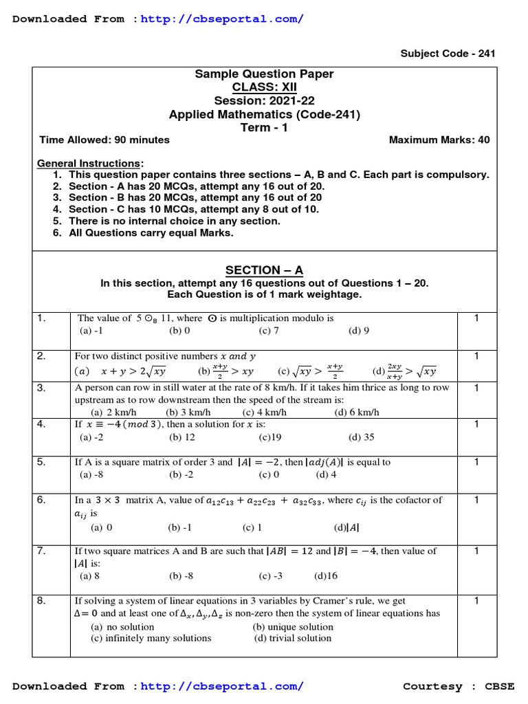 Class XII Applied Mathematics Paper | PDF | System Of Linear Equations ...
