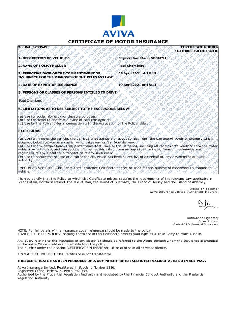 Certificate of Motor Insurance: Signedonbehalfof Aviva Insura Nce ...