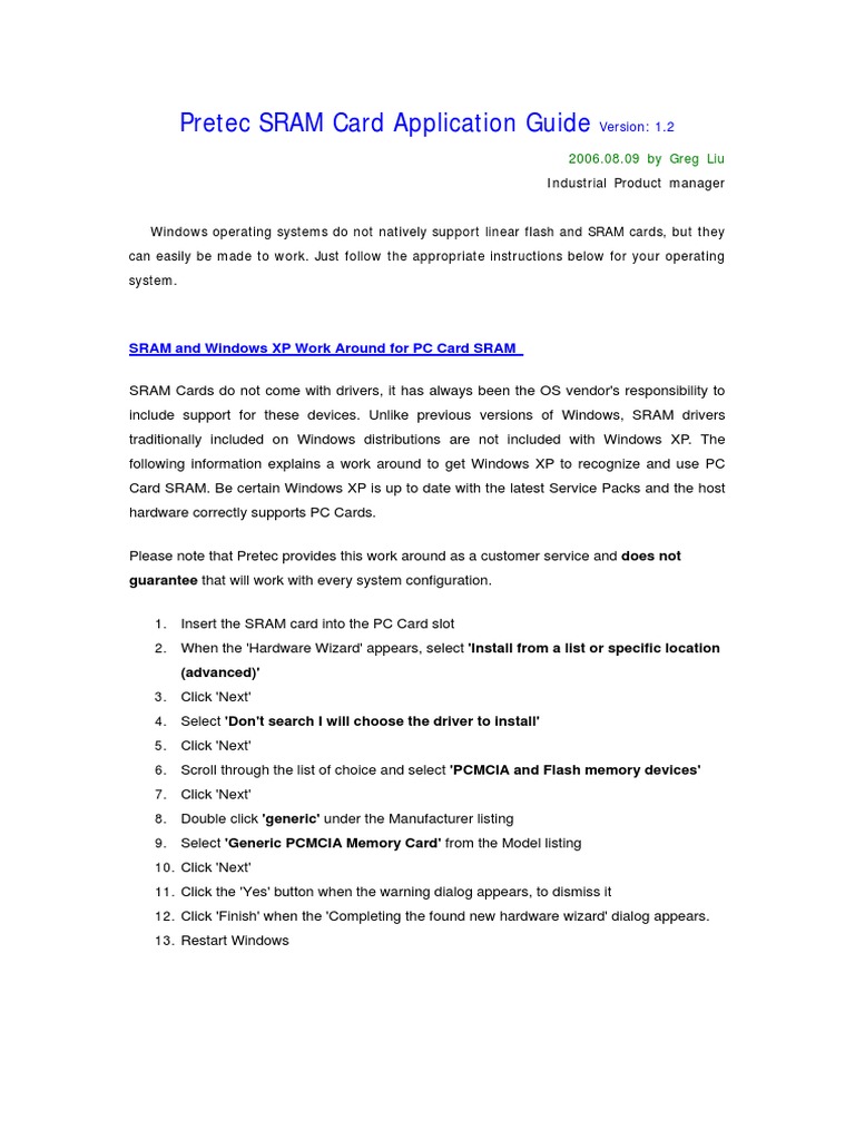 Pretec SRAM Card Application Guide: SRAM and Windows XP Work Around For ...