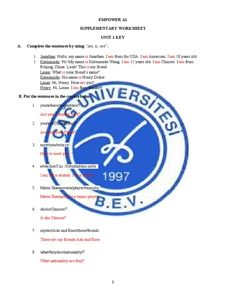 Empower A1, Unit 1, Supplementary Worksheet (KEY) | PDF