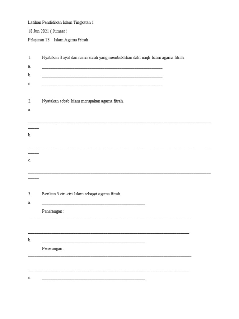 18 Jun Latihan Pendidikan Islam Tingkatan 1 | PDF