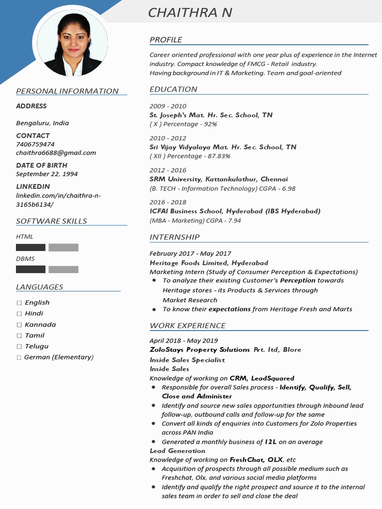 Chaithra - CV' 2020 | PDF | Sales | Marketing