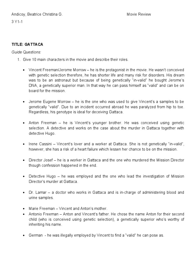 Title: Gattaca: Guide Questions | PDF