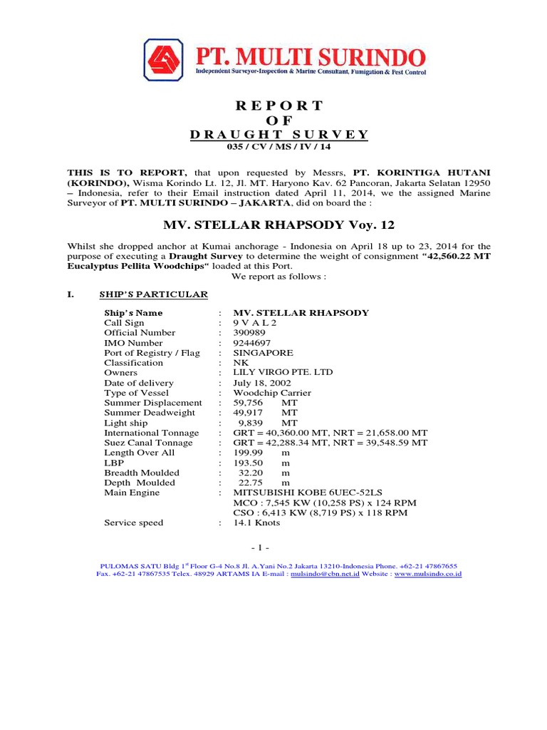 1B. Mv. Stellar Rhapsody - Draught Survey - Korindo | PDF | Tonnage ...