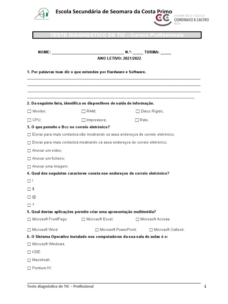 Teste Diagnóstico de TIC 2021/2022 | PDF | Janela (informática) | Microsoft