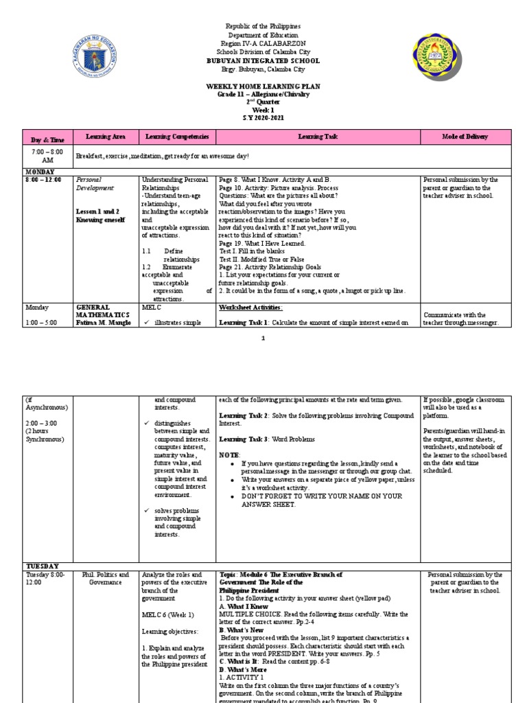 Weekly Learning Plan for Grade 11 | PDF | Learning | Teachers