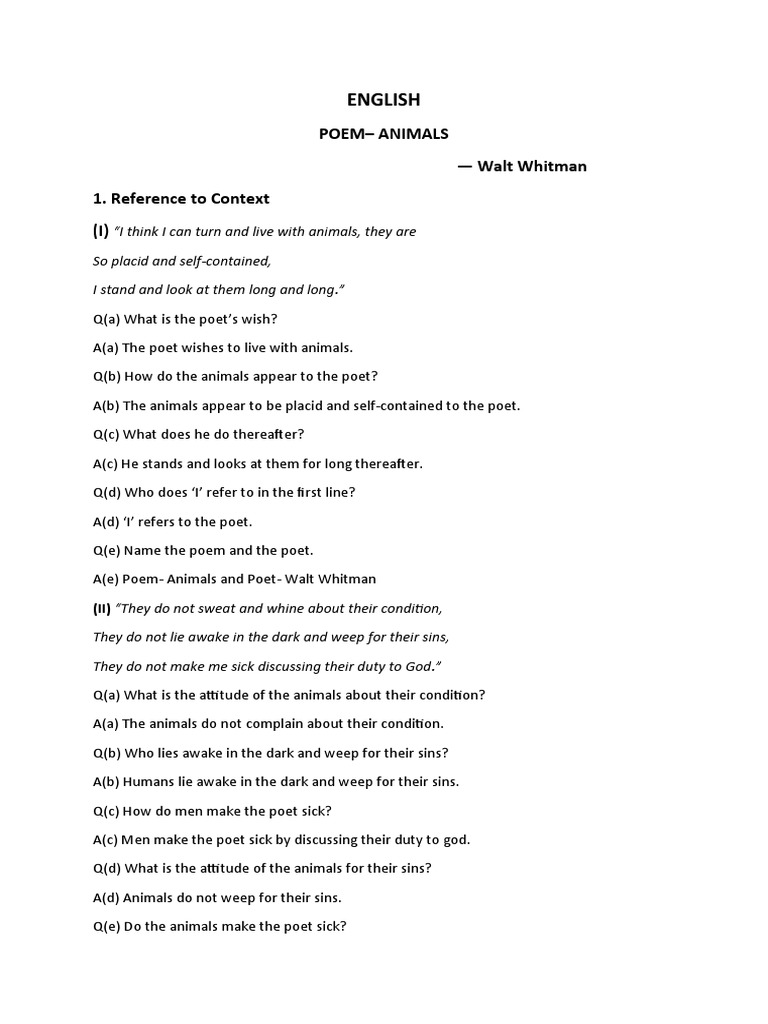 English: Poem - Animals - Walt Whitman 1. Reference To Context (I) | PDF