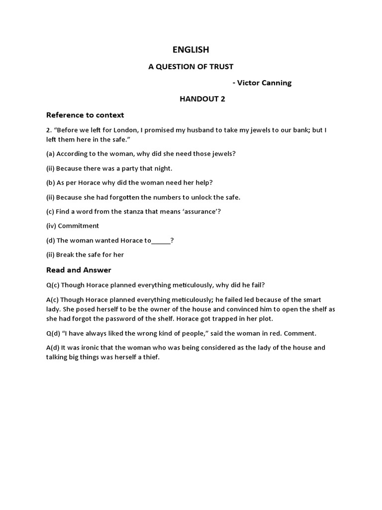 English A Question of Trust Handout 2 | PDF