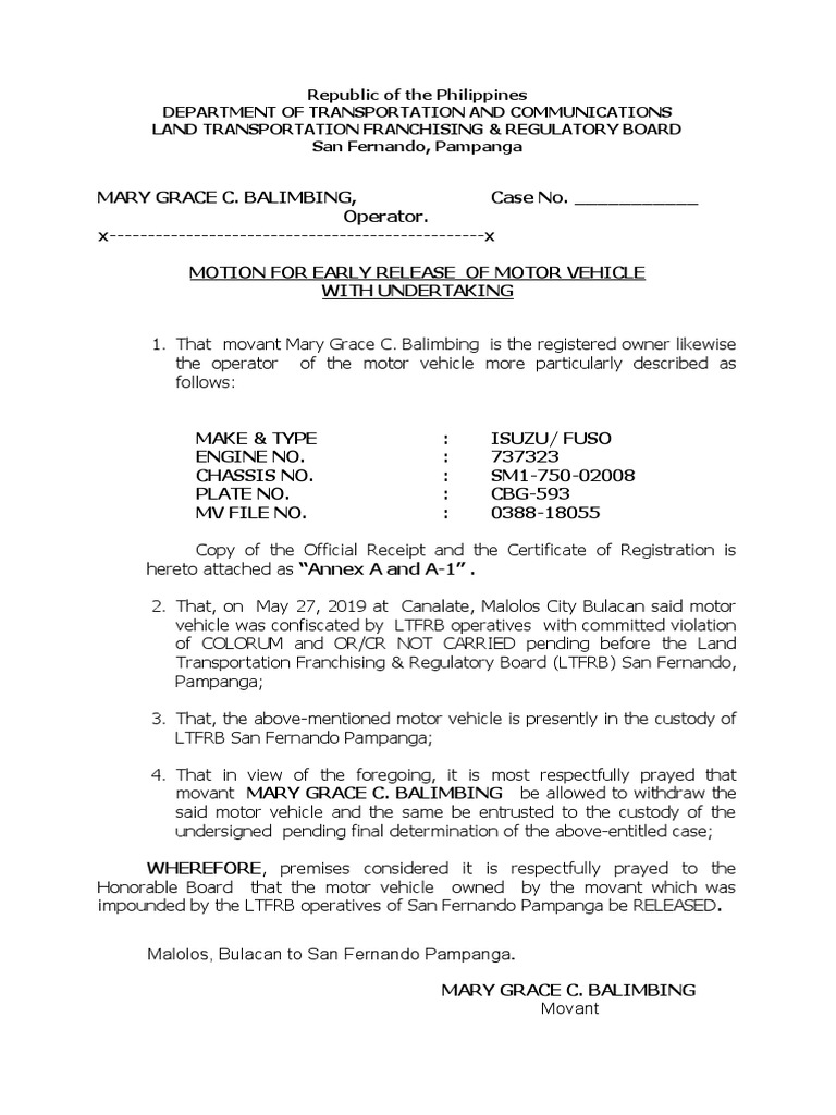 Ex-Parte Motion To Release Vehicle | PDF | Affidavit | Common Law