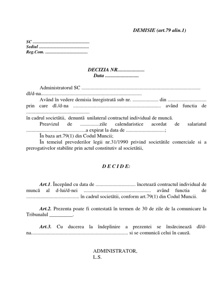Model Decizie Incetare Contract Demisie