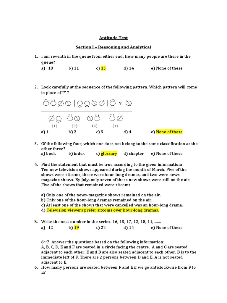 Aptitude Test Section I - Reasoning and Analytical | PDF | Teaching ...