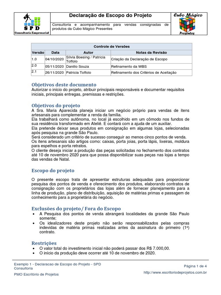 Exemplo 1 - Declaracao de Escopo Do Projeto - SPD Consultoria | PDF ...