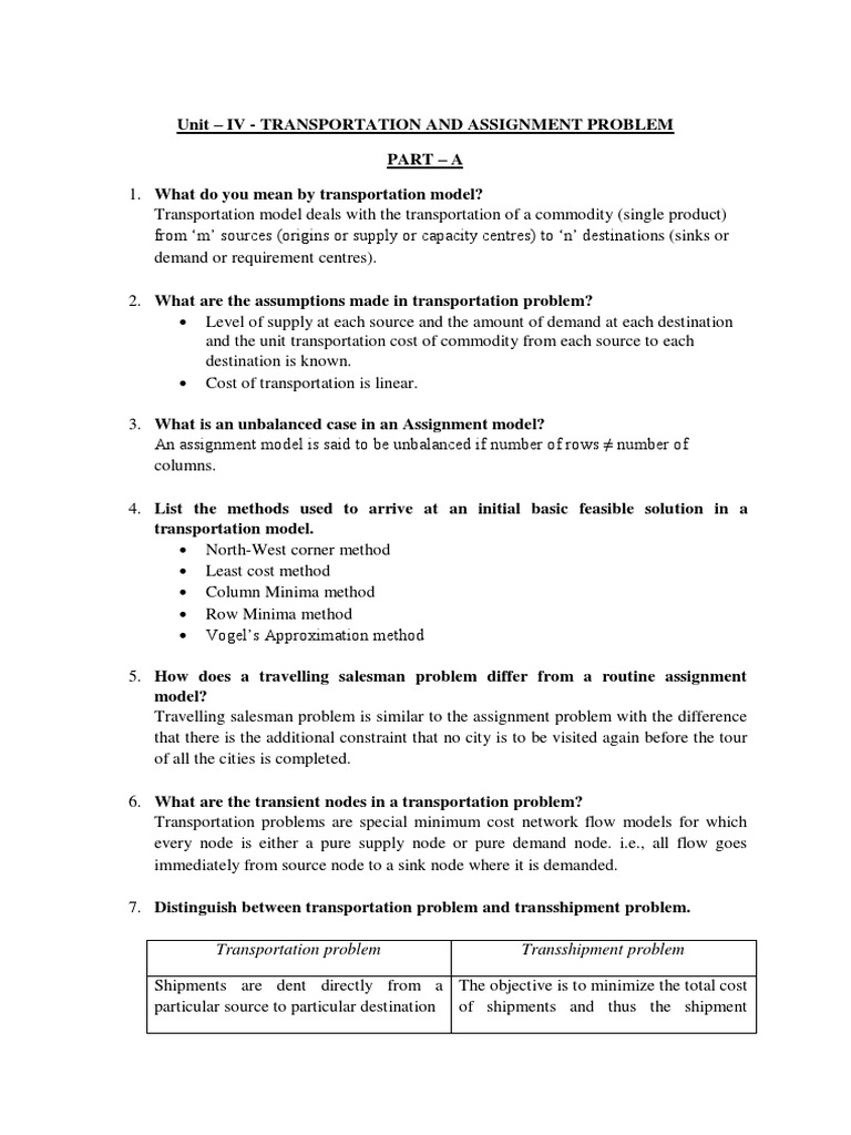 Unit - Iv - Transportation and Assignment Problem Part - A | PDF ...