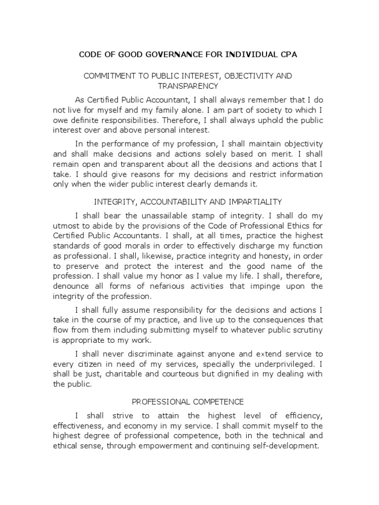 Code of Good Governance for CPAs | PDF | Integrity | Objectivity ...