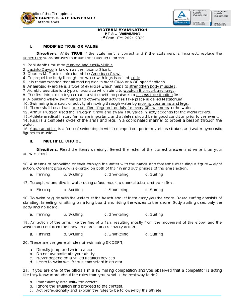 Pe Midterm Answered | PDF | Swimming (Sport) | Athletic Sports