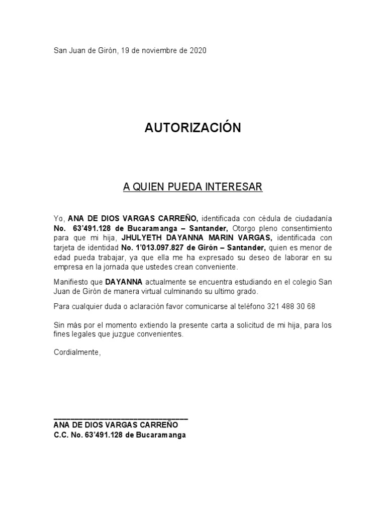 Autorizo A Menor de Edad - Hijo Trabajar | PDF | Derecho