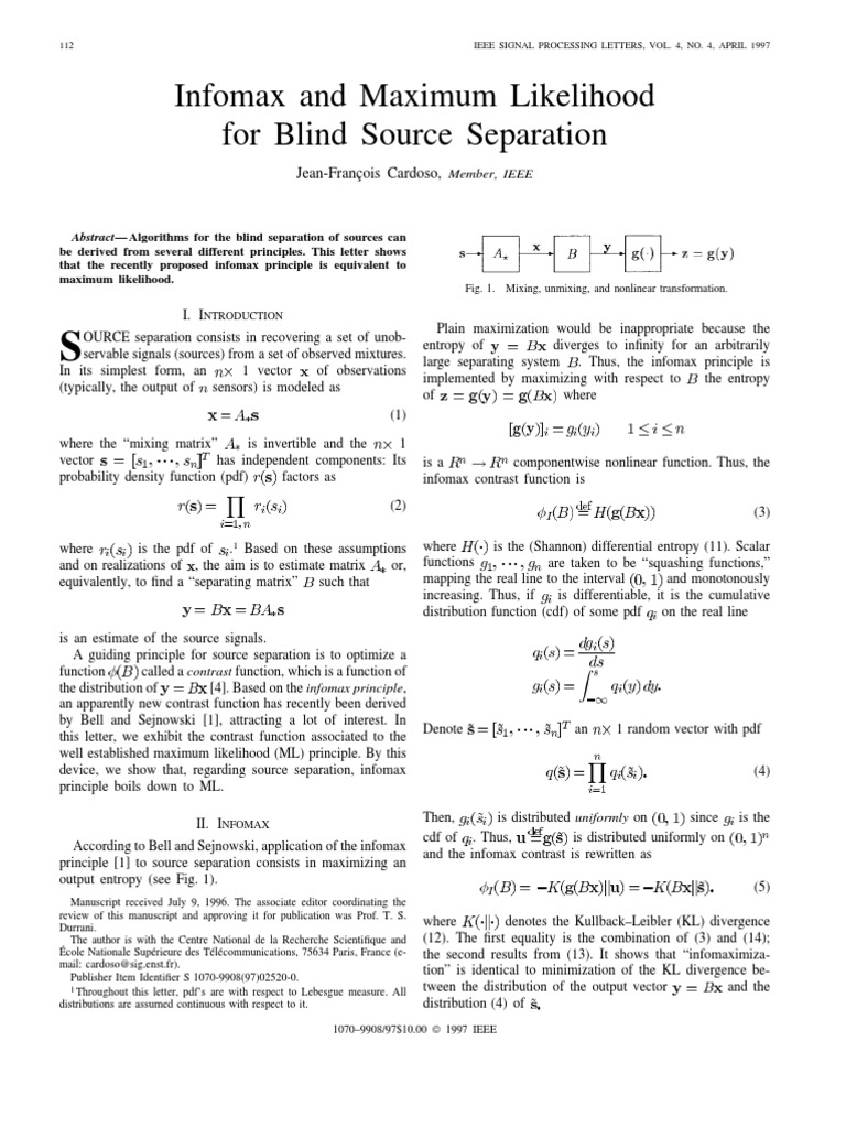 Infomax and Maximum Likelihood For Blind Source Separation: Jean-Fran Cois Cardoso | PDF ...