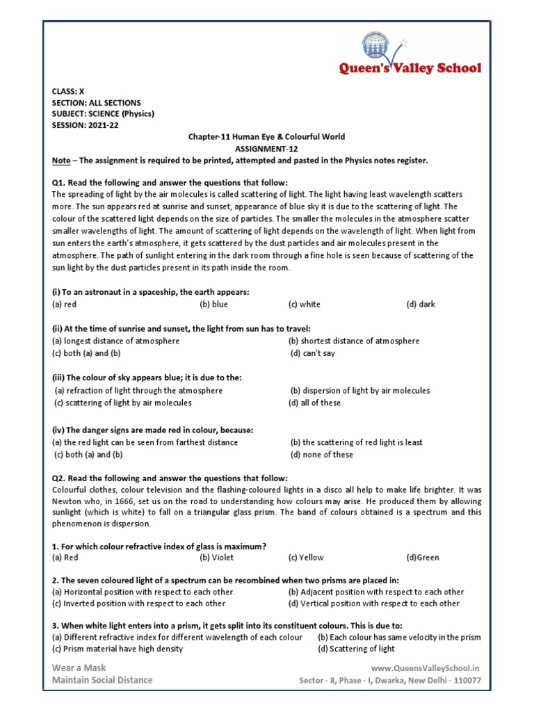 10 Physics Assignment 12 Ch 10 Human Eye Pdf Sunset Prism