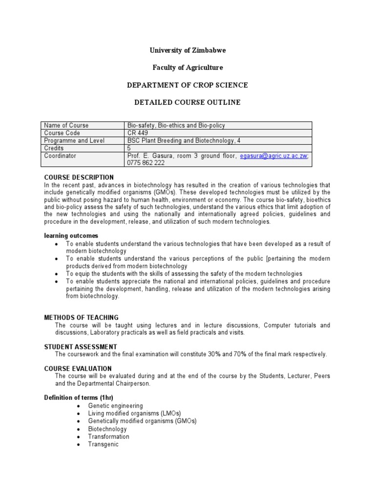 Bio-safety and Bio-ethics Course Outline | PDF | Genetically Modified ...