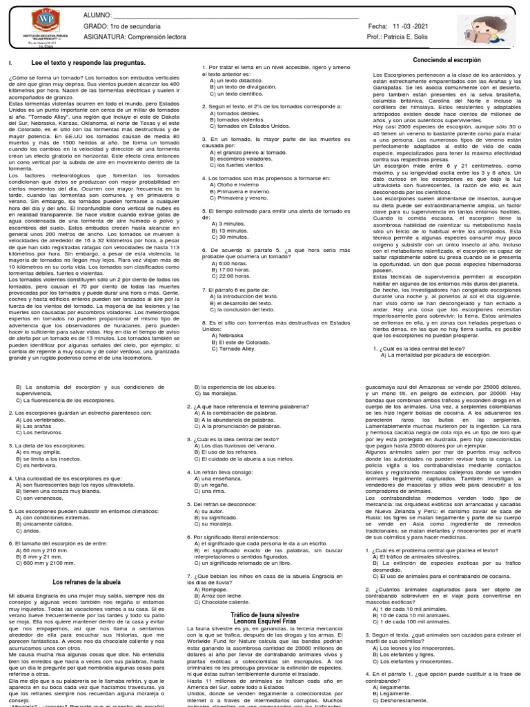 Sem2-Sec1°-Comprensión Lectora | PDF | Tornados | Tormentas