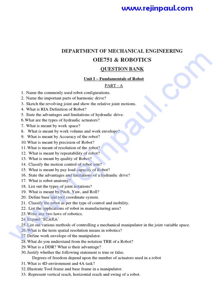Robotics Question Bank | PDF | Electric Motor | Computer Vision