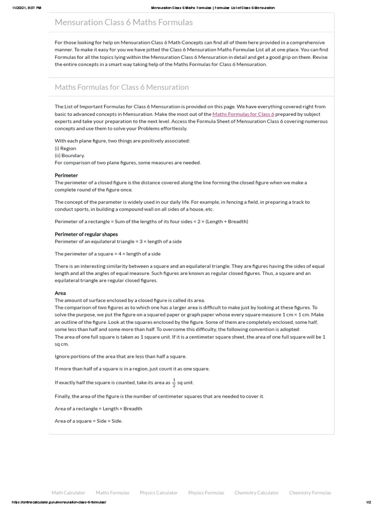 Mensuration Class 6 Maths Formulas - Formulae List of Class 6 ...