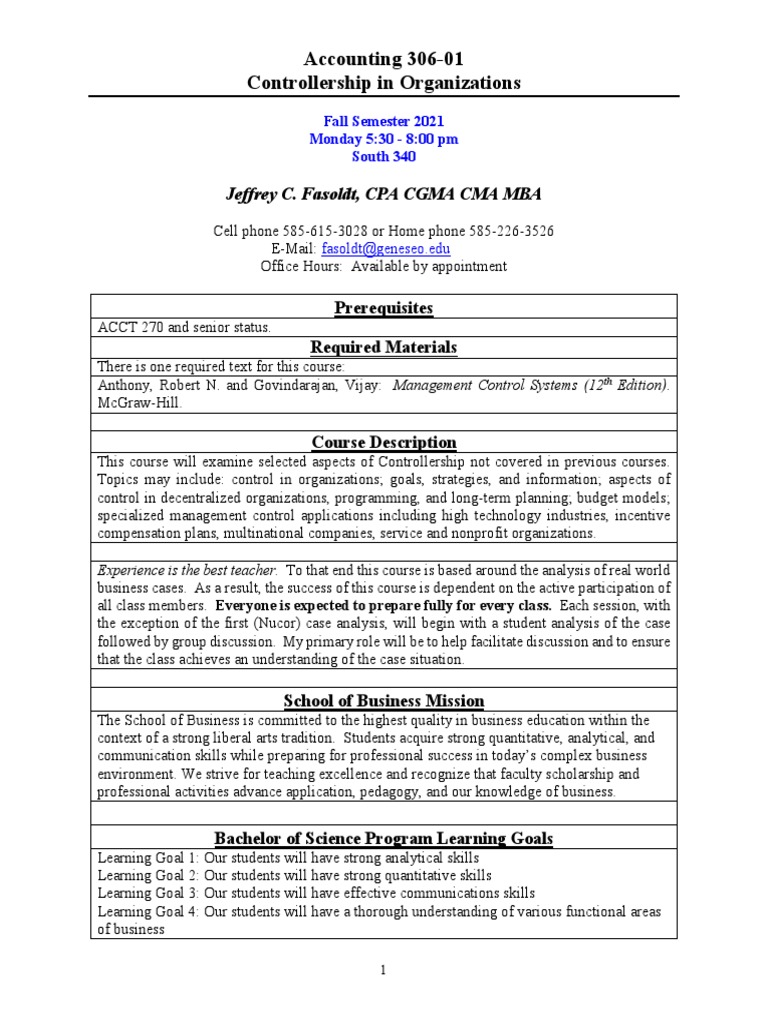 Accounting 306-01 Controllership in Organizations: Jeffrey C. Fasoldt ...