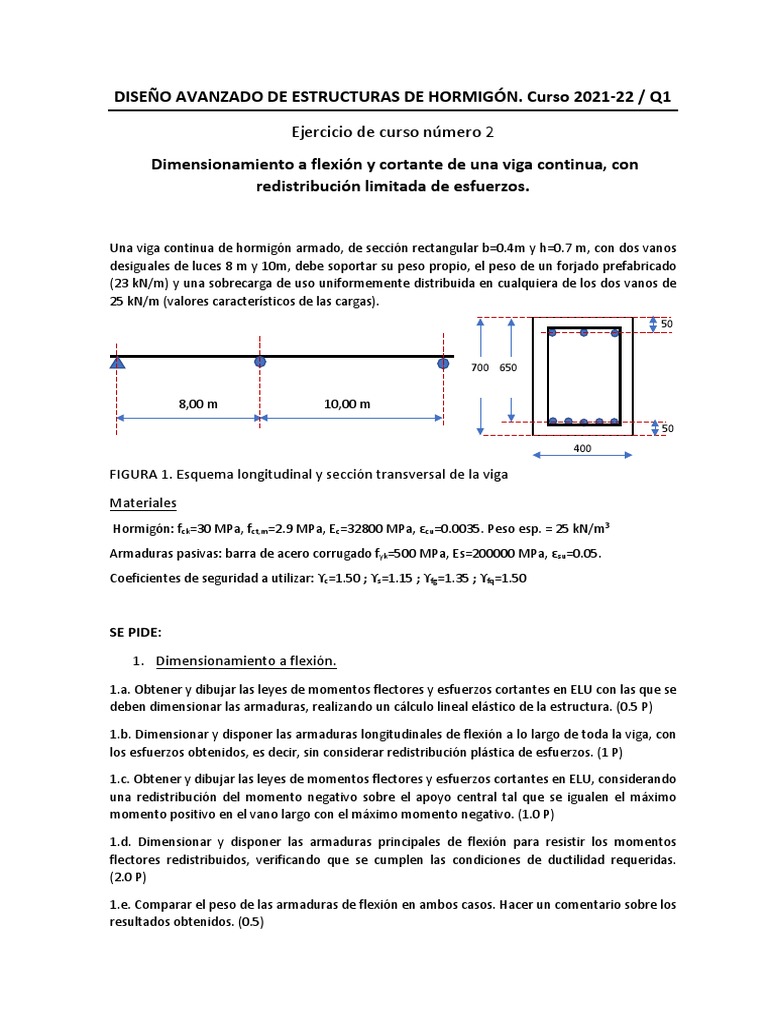 Dimensionamiento a flexión y cortante de una viga continua de hormigón armado con dos vanos ...