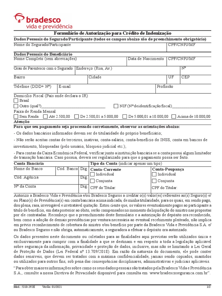 Formulário de Autorização para Crédito de Indenização: 1/2 Mod.: 5310 ...