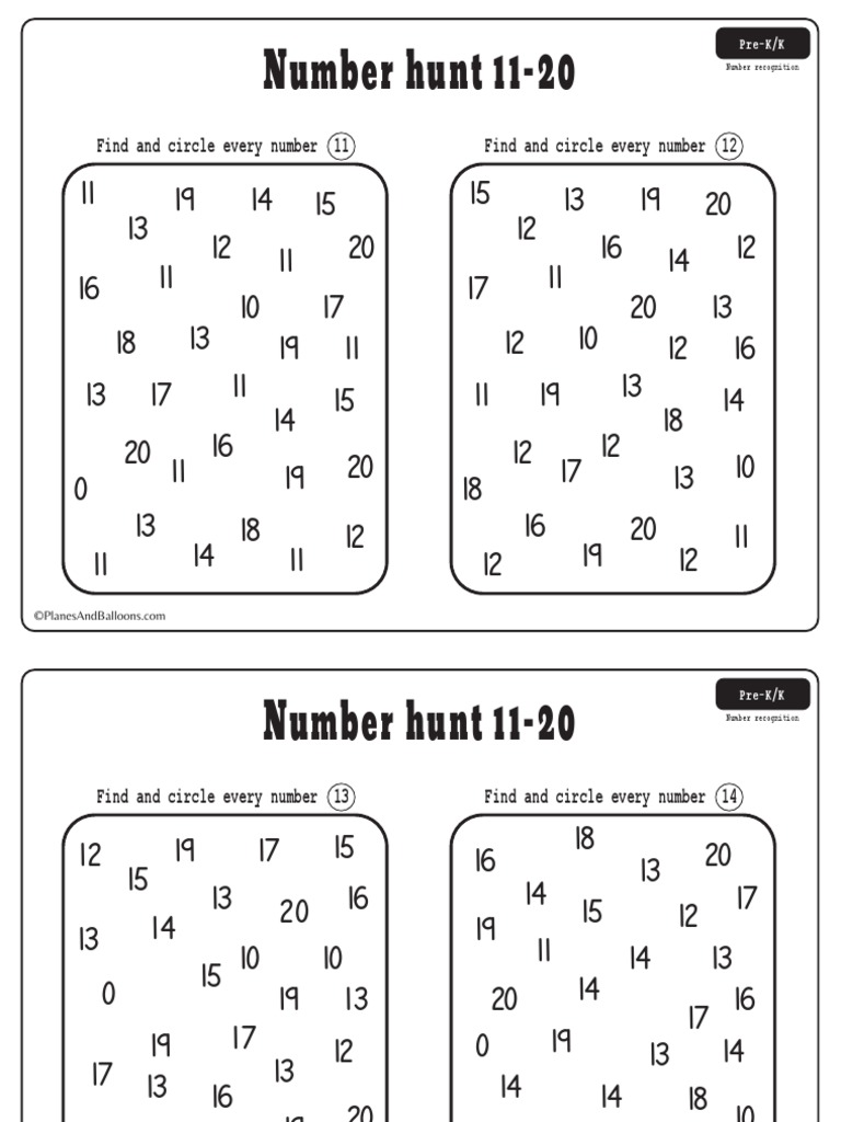 Number Hunt Worksheets 11-20 | PDF