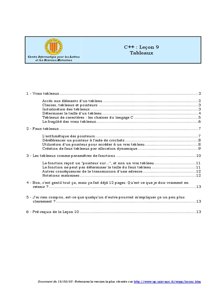 09 Tableaux | PDF | Pointeur (programmation) | Variable (informatique)