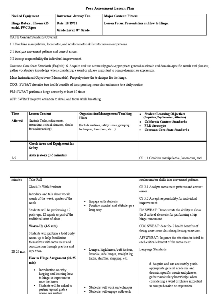 Peer Assessment Lesson Plan | PDF | Lesson Plan | Vocabulary
