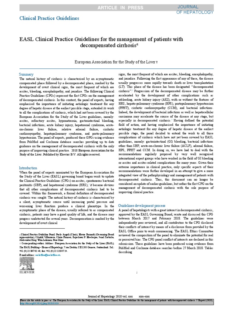 EASL Guidelones On Management Decompensated Liver Cirrhosis | PDF ...