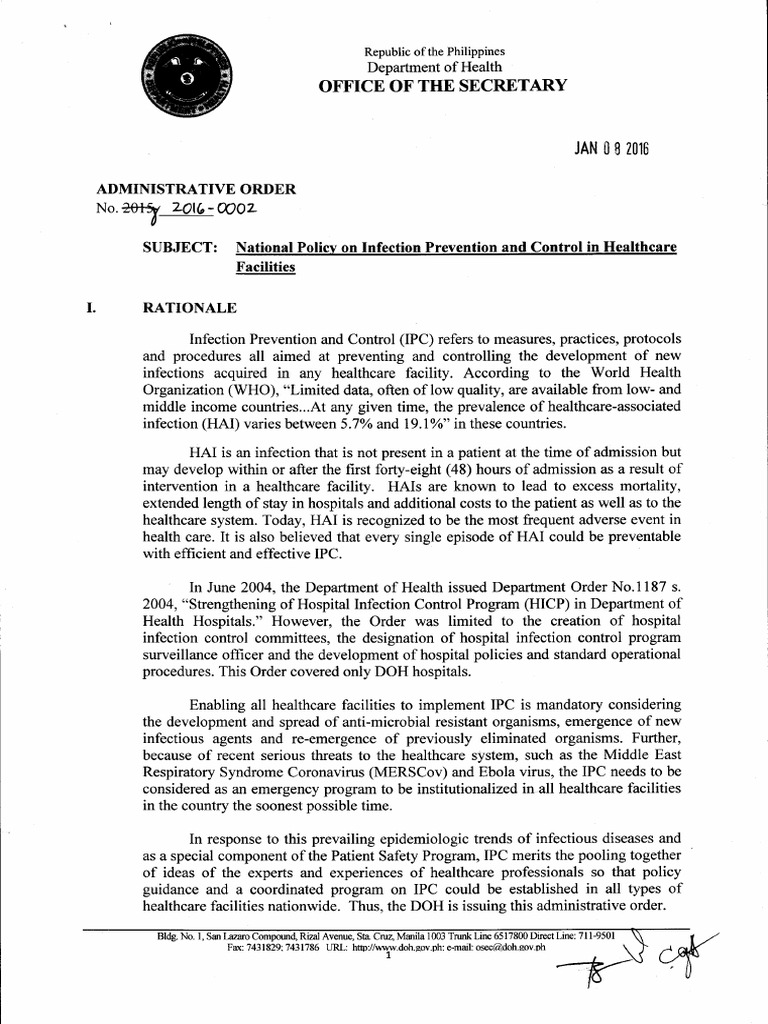 DOH AO 2016-0002 National Policy On Infection Prevention & Control in ...