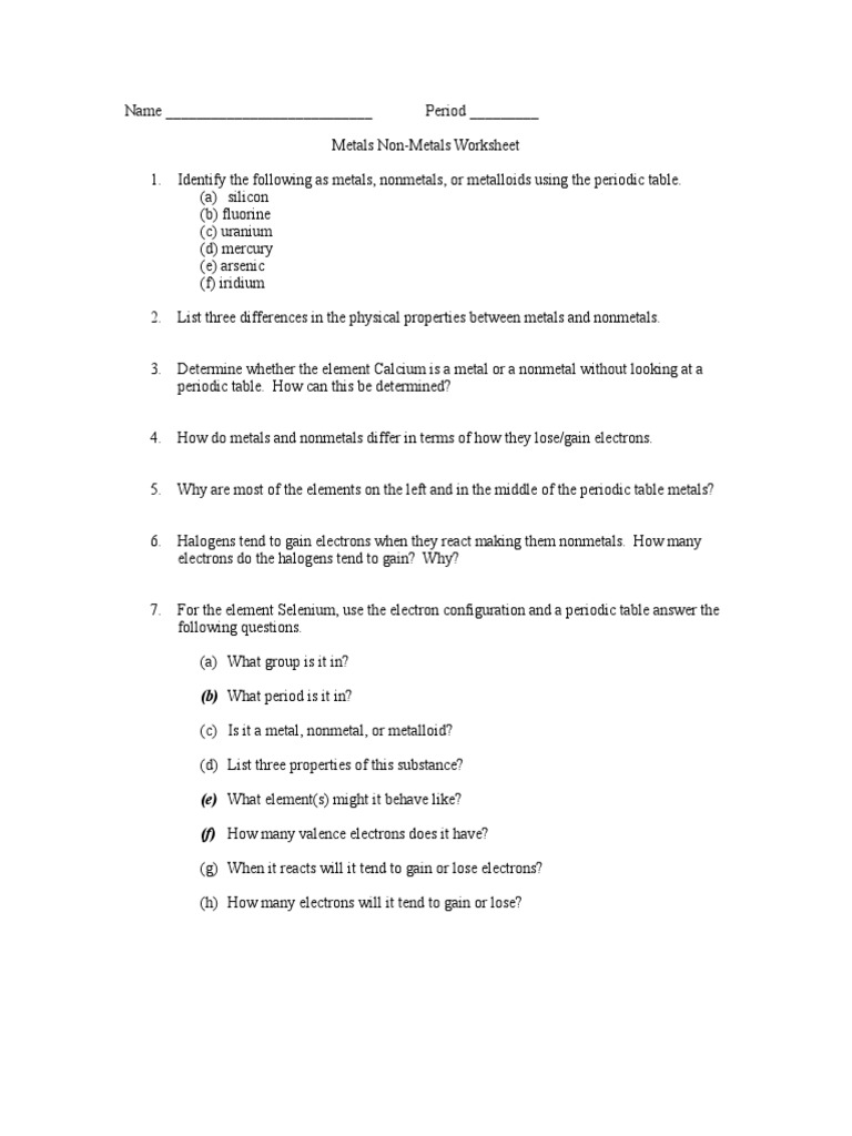 Metals and Nonmetals Worksheet 11j7oon | PDF | Social Science