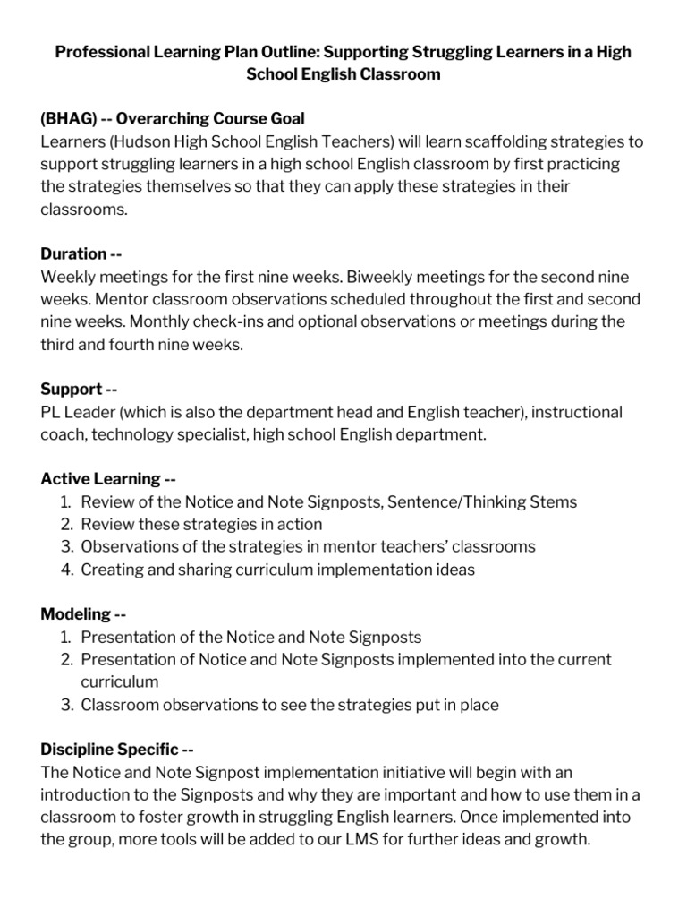 Professional Learning Plan Outline Supporting Struggling Learners in A ...