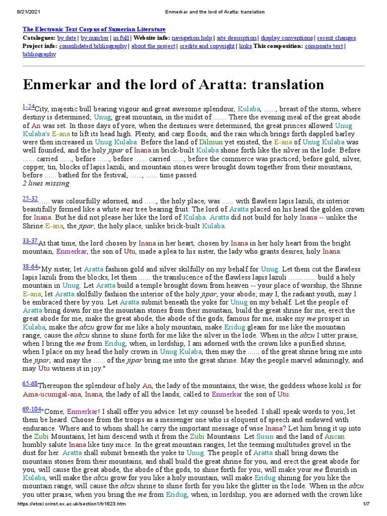 Enmerkar and The Lord of Aratta - Translation | PDF | Sumer ...