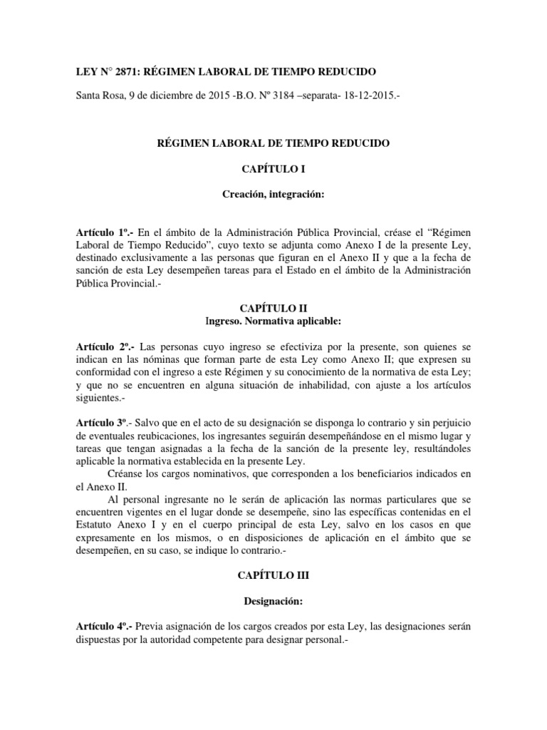 Ley No 2871 Regimen Laboral de Tiempo Reducido | PDF | Tiempo de ...