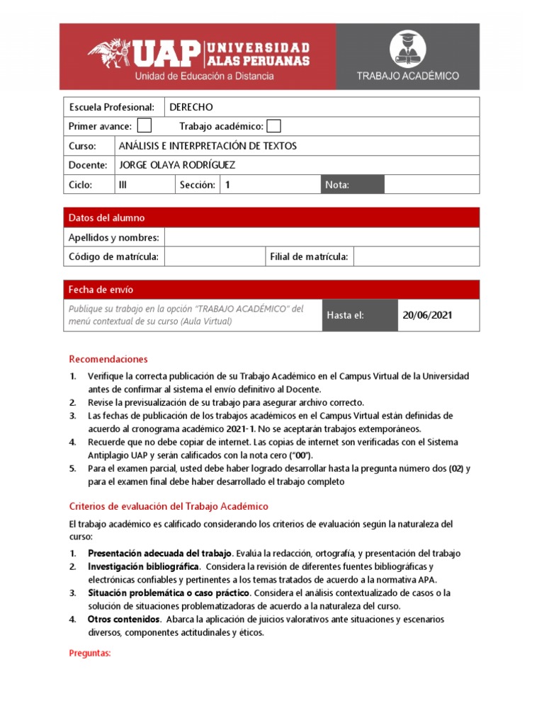 Trabajo Aplicativo Analisis Interpretacion de Texto | PDF | Prueba ...