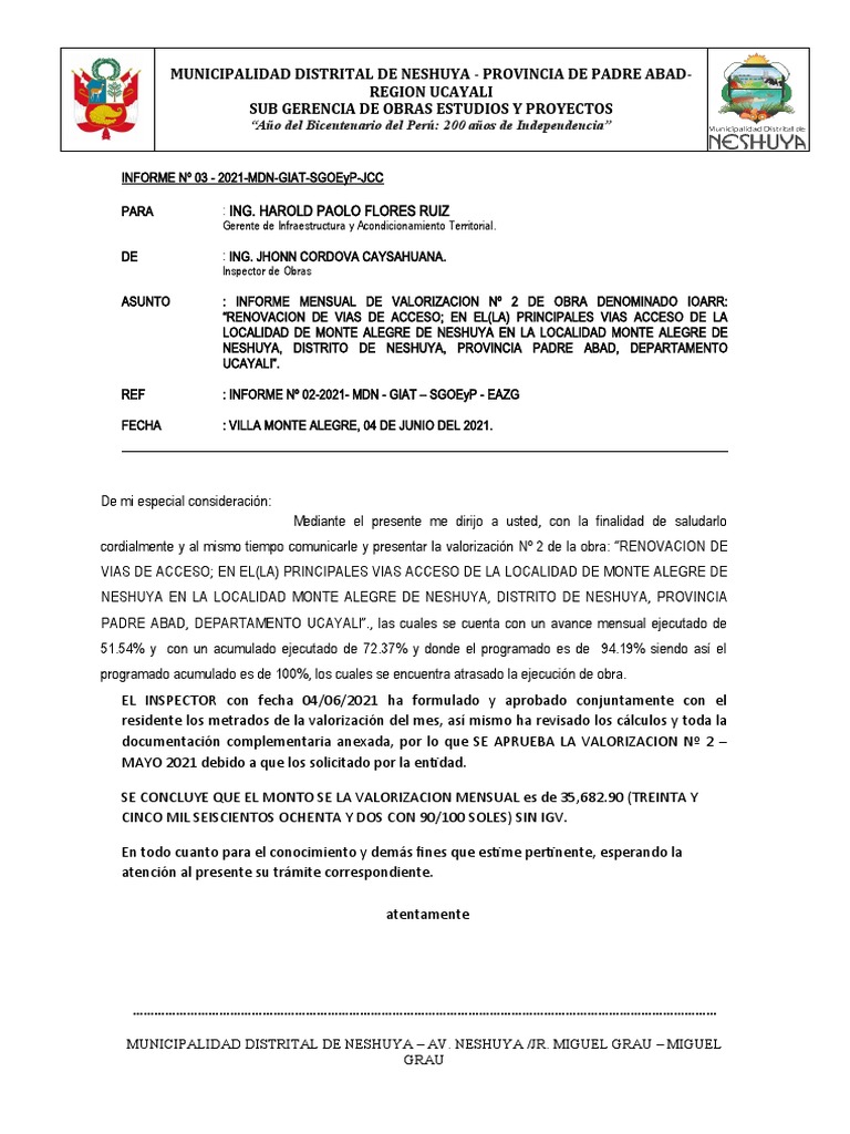 Informe #3 Del Inspector (Val 2 Vias de Acceso) | PDF | América del Sur