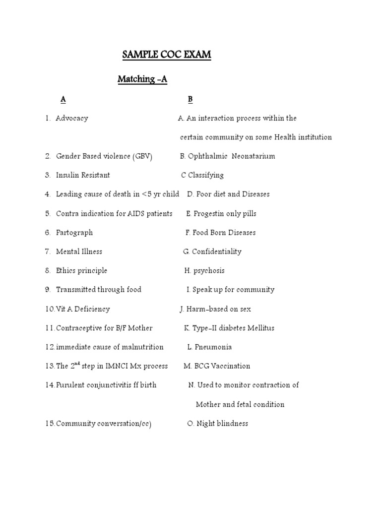 Sample Coc Exam | PDF | Tuberculosis | Childbirth
