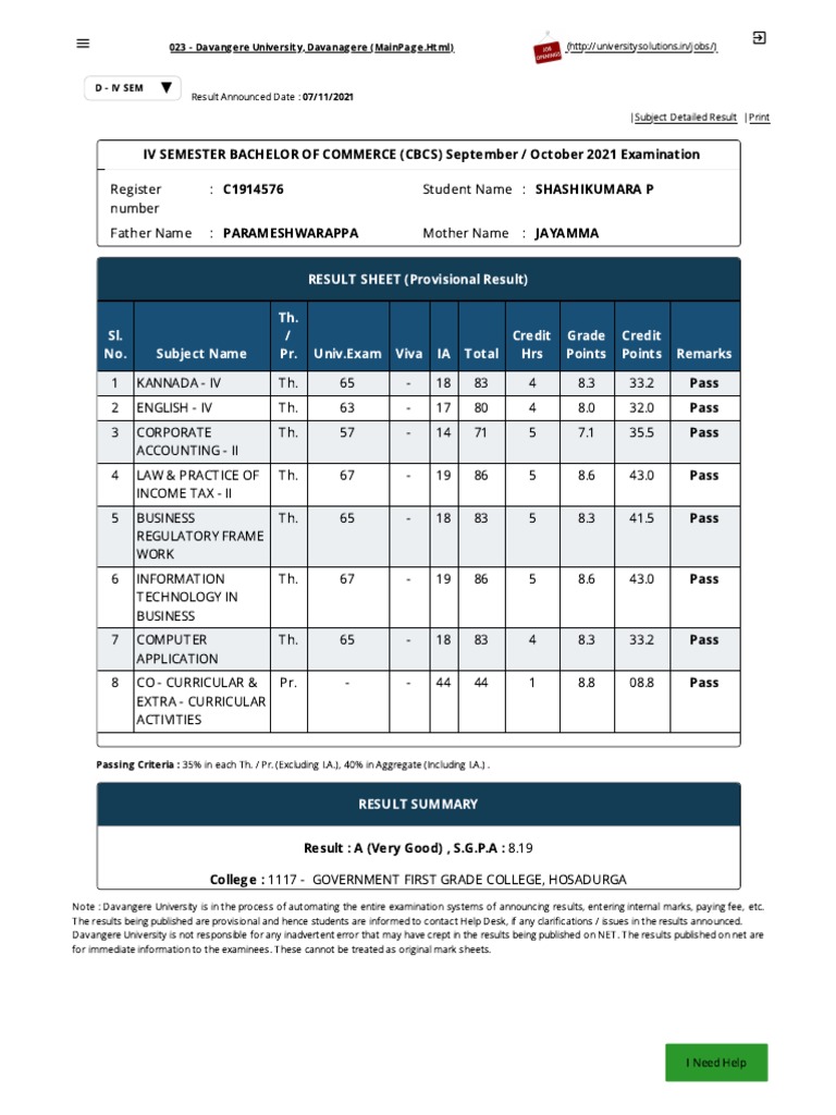 Shashi 4th Sem Marks Card | PDF | Government Finances | Payments