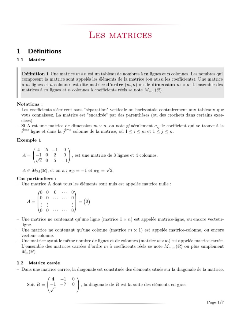 01 Les Matrices Cours | Descargar gratis PDF | Matrice (Mathématiques ...